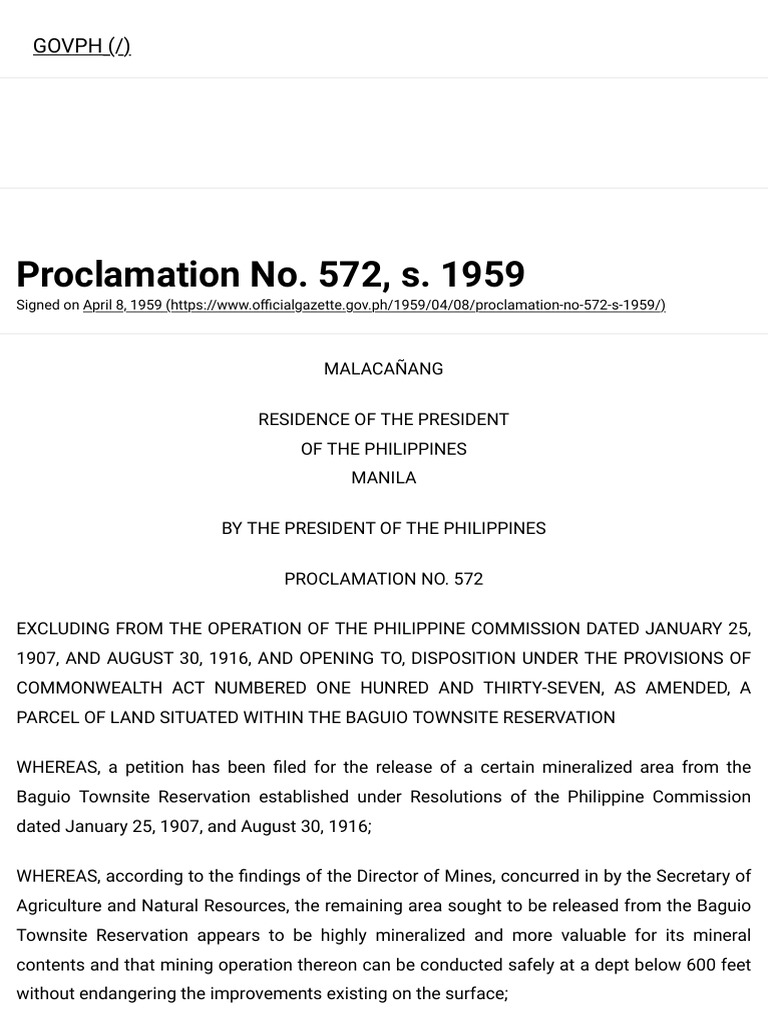 Proclamation No. 572, April 1959 | PDF | President Of The Philippines ...