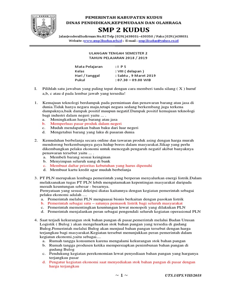 Soal Uts SMT 2 Kls 8 2019 | PDF