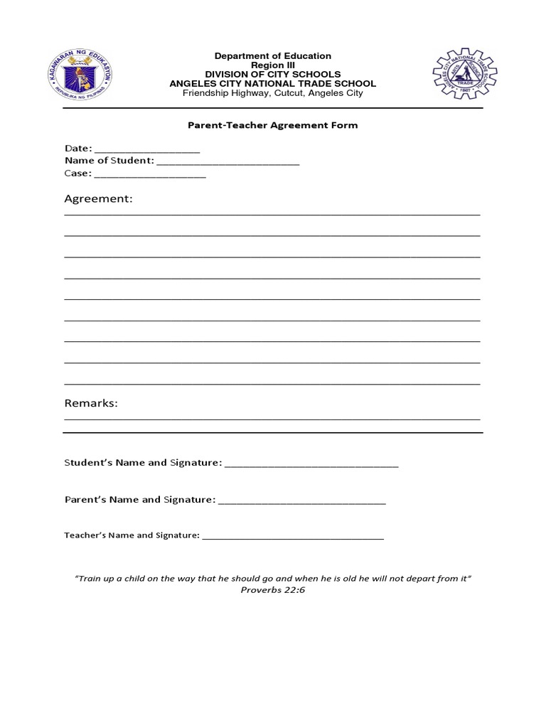 Parent-Teacher Agreement Form Template | PDF