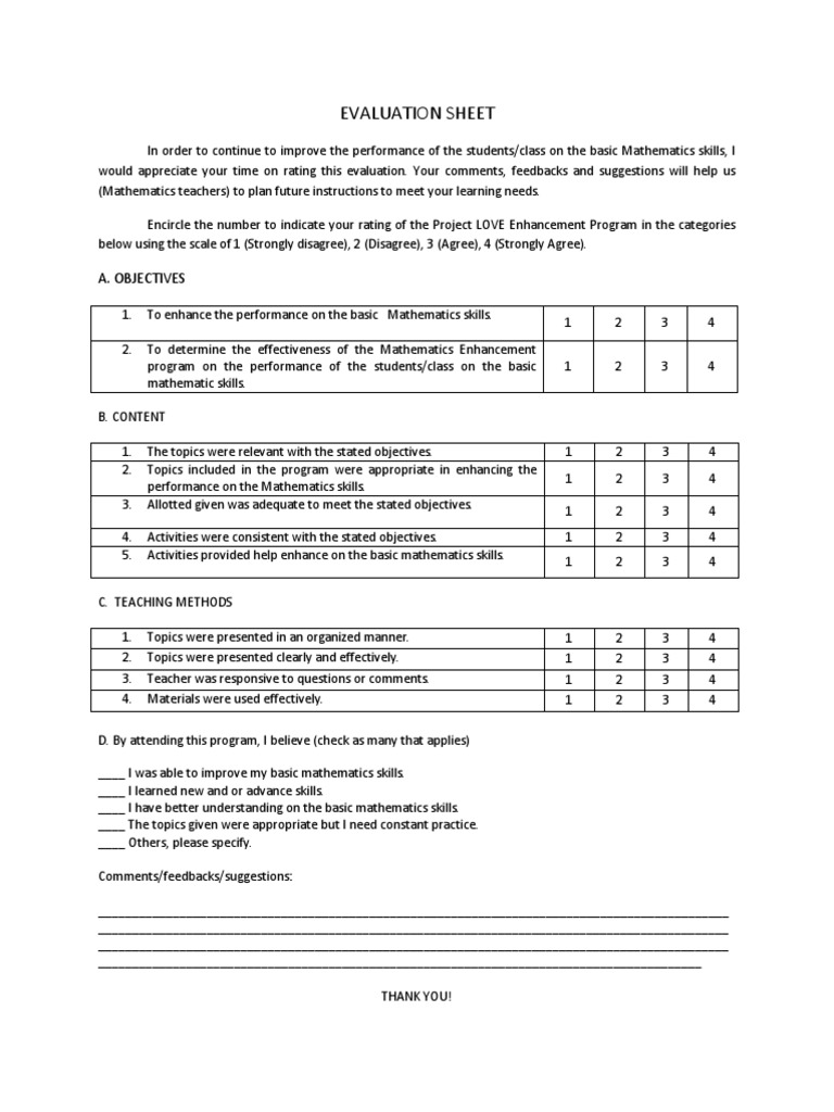 Evaluation Sheet: A. Objectives | PDF | Teaching Method | Teachers