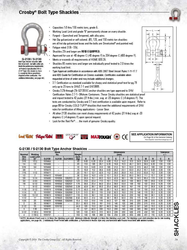 Crosby G-2130 Shackle Data Sheet | Screw | Building Materials