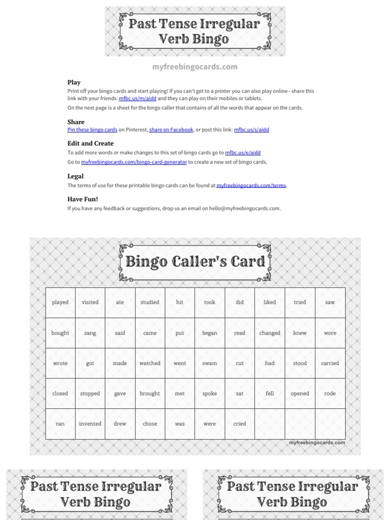 Past Tense of Regular and Irregular Verbs Bingo | PDF | Grammatical ...