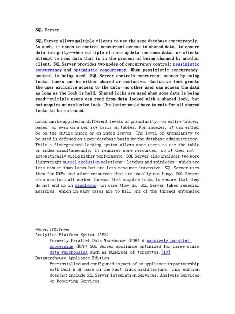 Pessimistic Concurrency Optimistic Concurrency Microsoft Sql Server