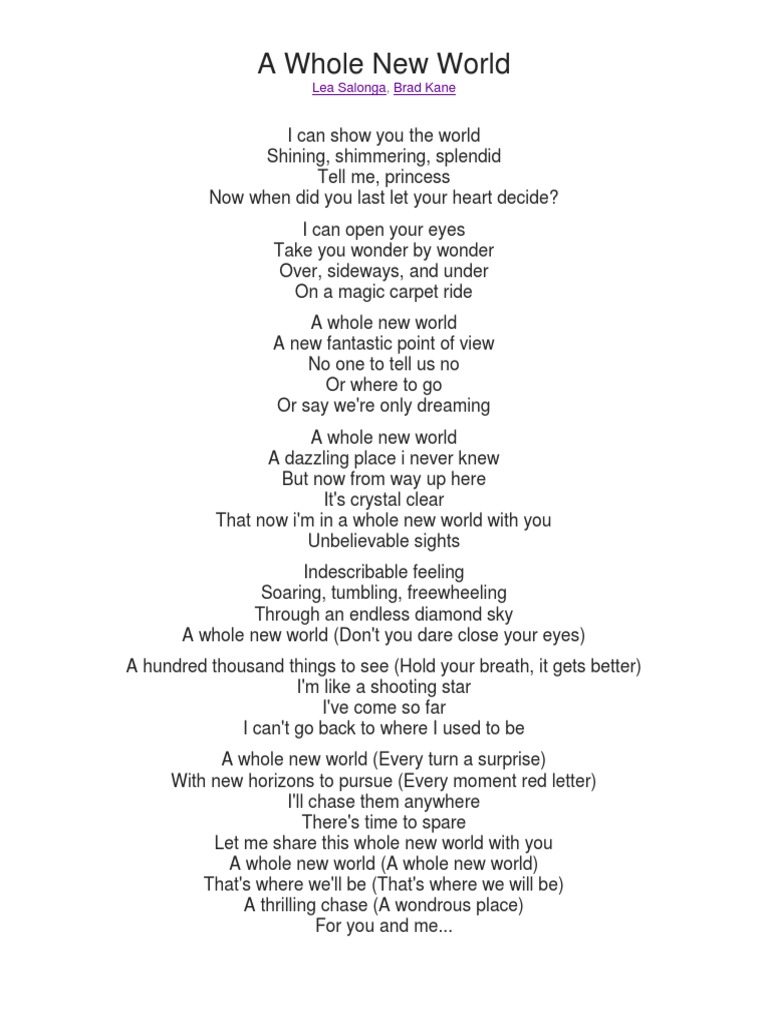 A Whole New World Lyrics by Lea Salonga | PDF | Poetry