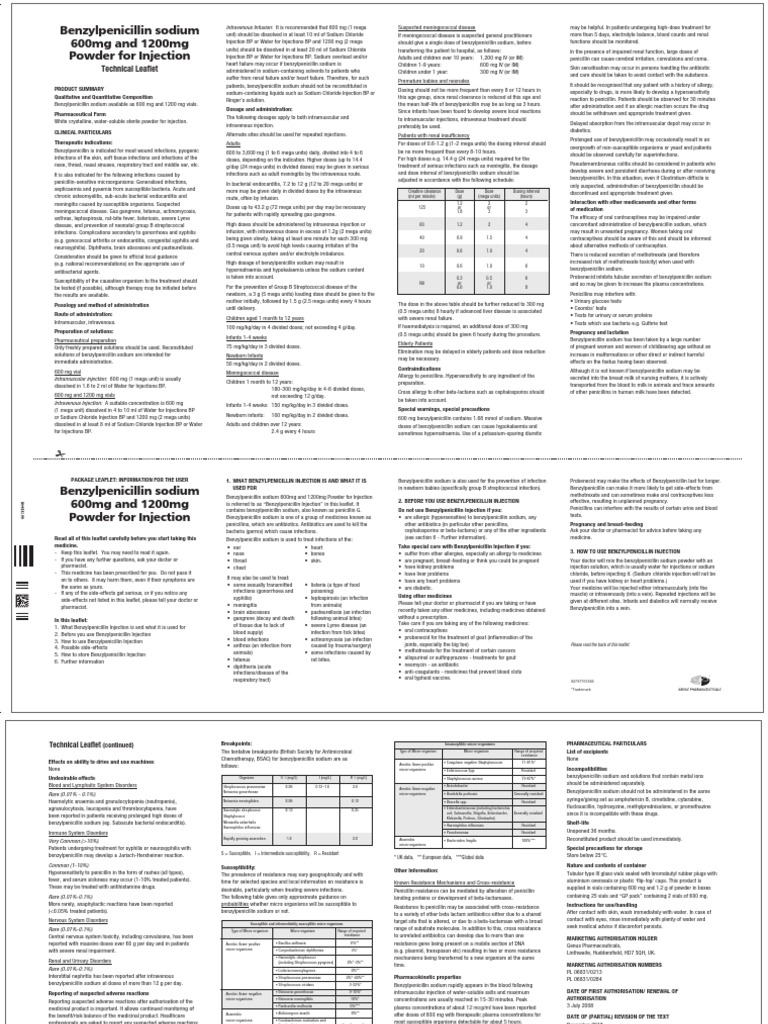Benzylpenicillin Sodium 600mg and 1200mg Powder For Injection | PDF ...