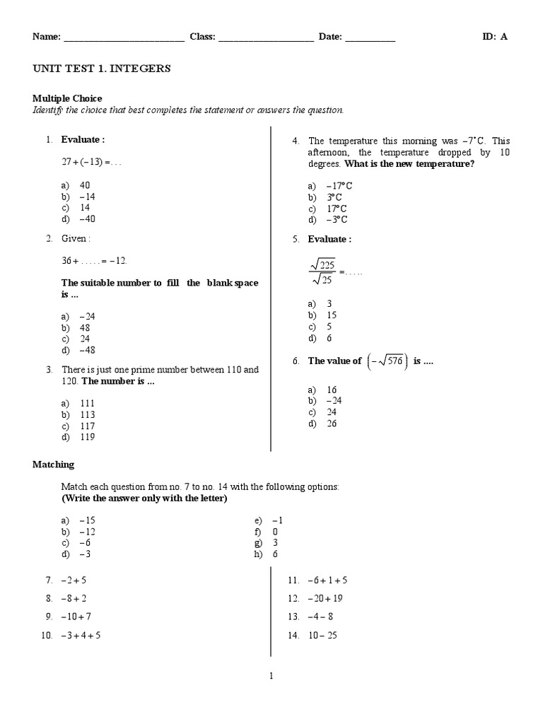 Unit Test 1. Integers Multiple Choice & Short Answer | PDF | Discrete ...
