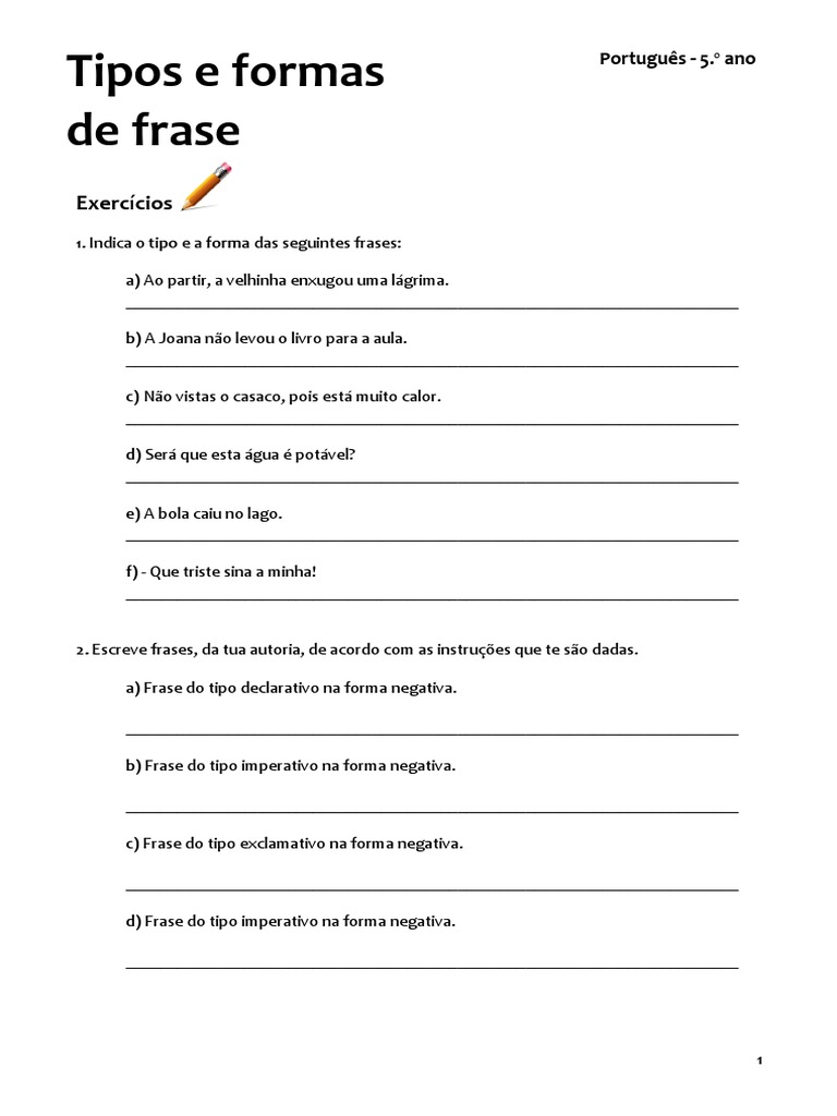 Tipos e Formas de Frases: Exercícios | PDF | Artes Linguísticas e ...