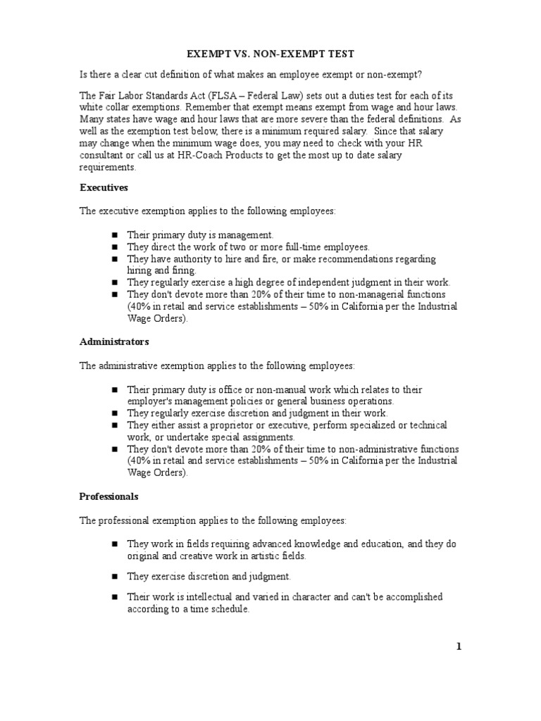 Exempt vs Non-Exempt Checklist | Question | Integrity