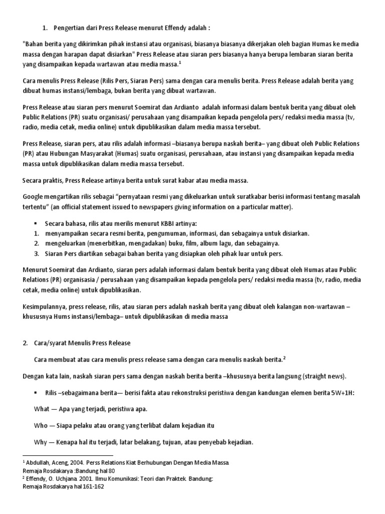 Pengertian Dari Press Release Menurut Effendy Adalah | PDF