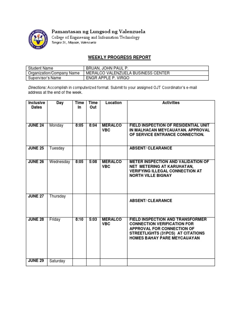 Meralco OJT Weekly Progress Report | PDF