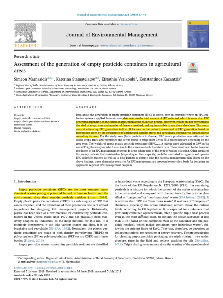 Assessment of The Generation of Empty Pesticide Containers in ...