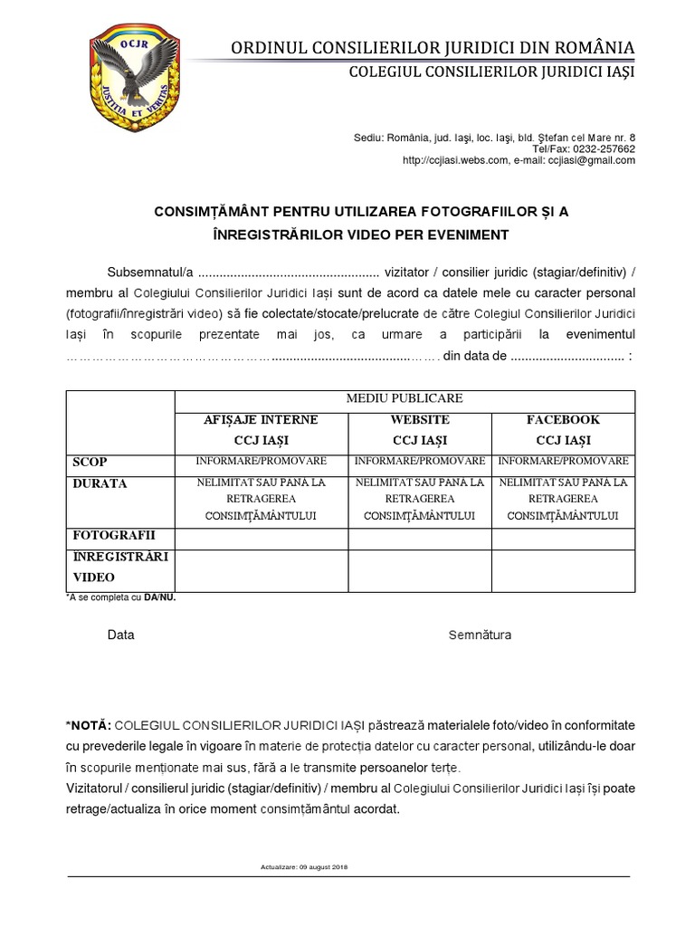 Acord Utilizare Fotografii Si Inregistrari Video Eveniment | PDF