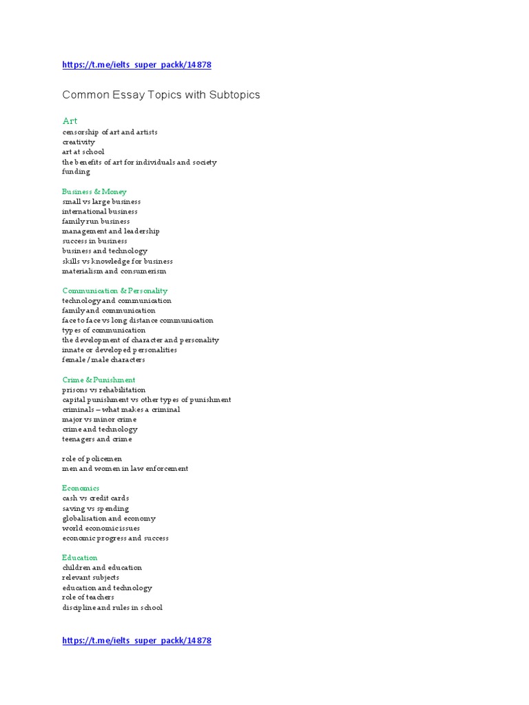 Common Essay Topics With Subtopics: H Ps://t.me/ielts - Super - Packk ...