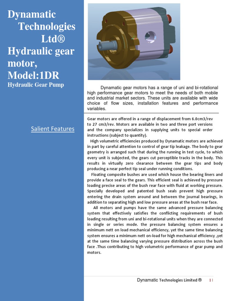 Dynamatic Technologies LTD® Hydraulic Gear Motor, Model:1DR: Salient ...
