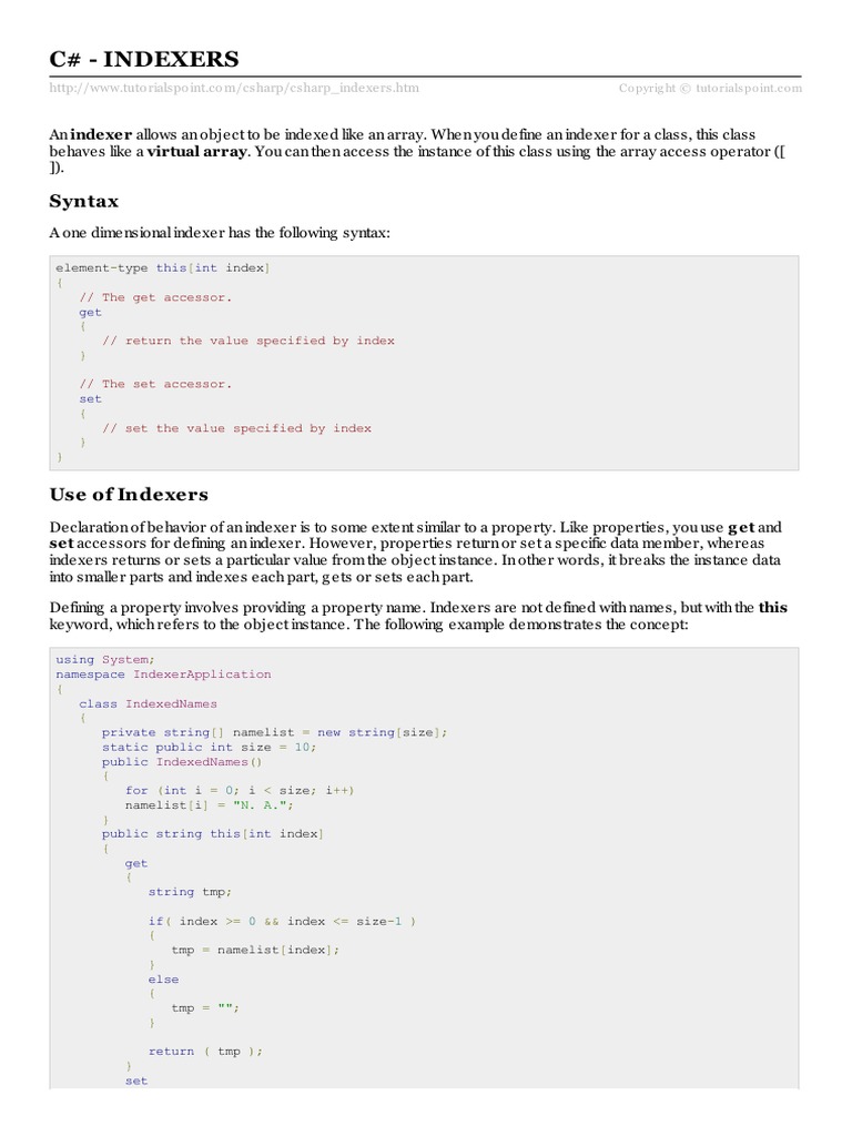C# - Indexers: Syntax | PDF | Class (Computer Programming) | Array Data Structure