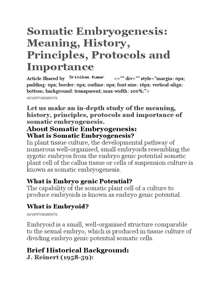 Somatic Embryogenesis: Meaning, History, Principles, Protocols and ...