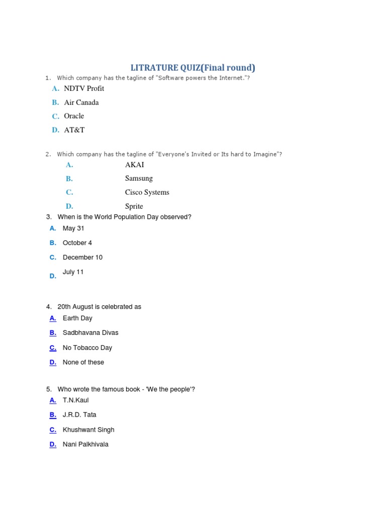 Literature Quiz Final Round Oracle Tagline Software Powers Internet | PDF