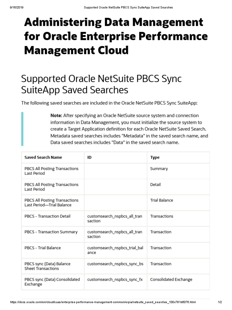 Supported Oracle NetSuite PBCS Sync SuiteApp Saved Searches | PDF | Metadata | Oracle Corporation