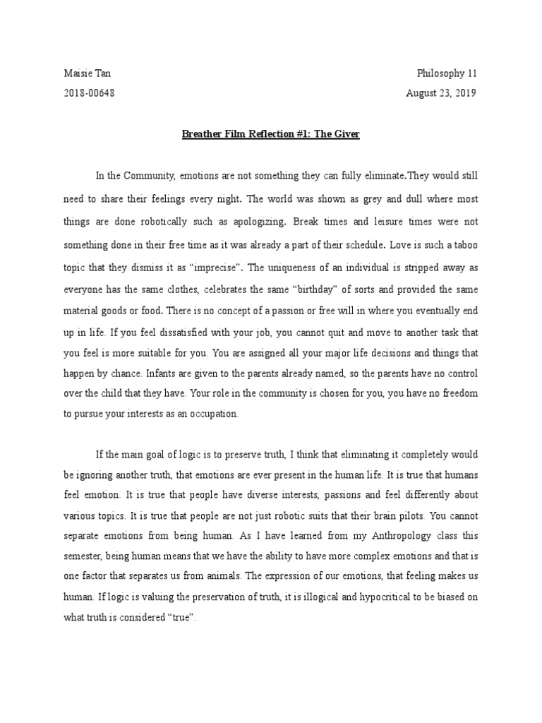 The Giver Relfection Paper | PDF | Logic | Emotions