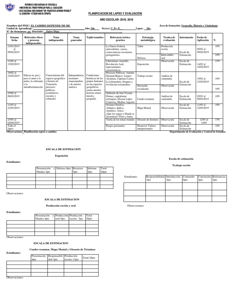 2do Año Planificacion 2019 2do Lapso GHC PROF JAIRO DIAZ | PDF | Venezuela | Evaluación