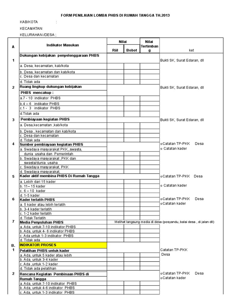 Form Penilaian PHBS Di RT | PDF
