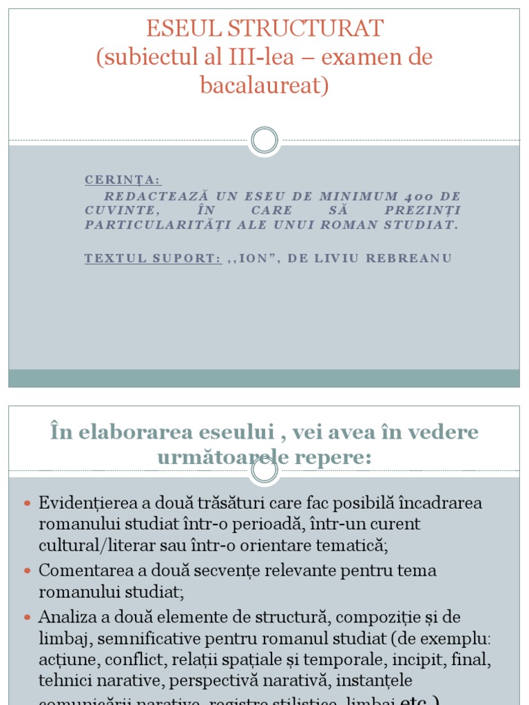 Eseul Structurat (Subiectul Al III-lea - Examen de Bacalaureat) | PDF