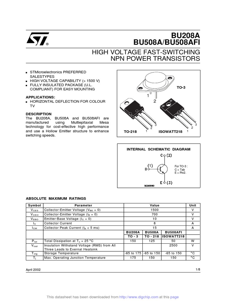 Bu508a PDF | PDF | Bipolar Junction Transistor | Semiconductors