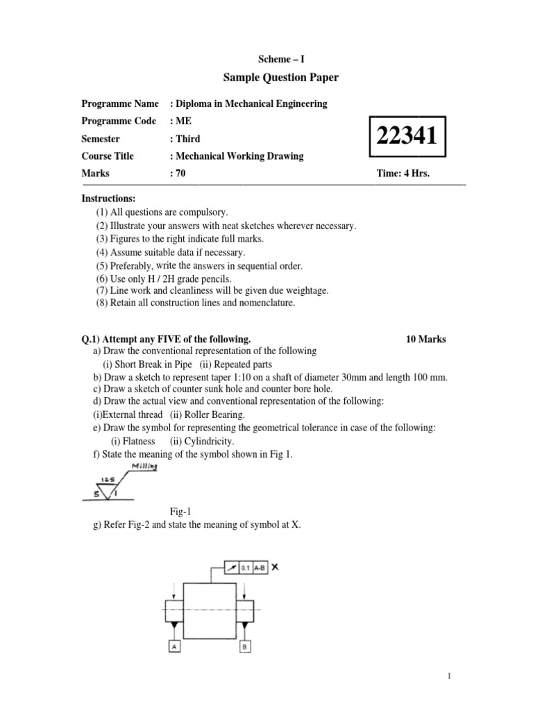 Sample Question Paper Mechanical Working Drawing | PDF | Mechanical ...