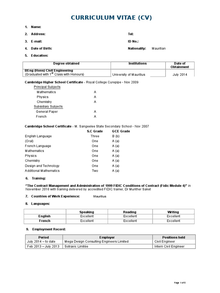 Curriculum Vitae (CV) : Mauritius | PDF | Civil Engineering | Drainage