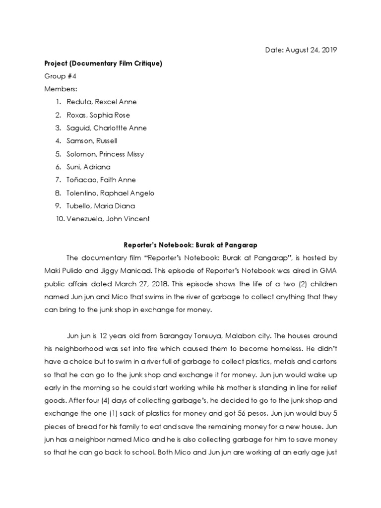Documentary Critique of "Reporter's Notebook: Burak at Pangarap | PDF