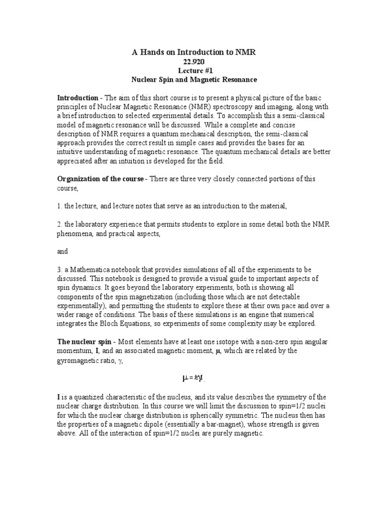 Introduction to NMR Principles and Dynamics | PDF | Nuclear Magnetic ...