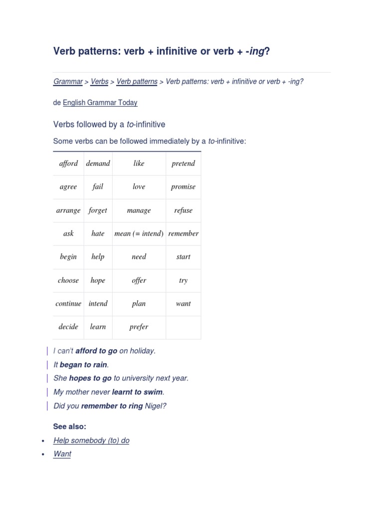 Verbs Patterns | PDF | Verb | Subject (Grammar)