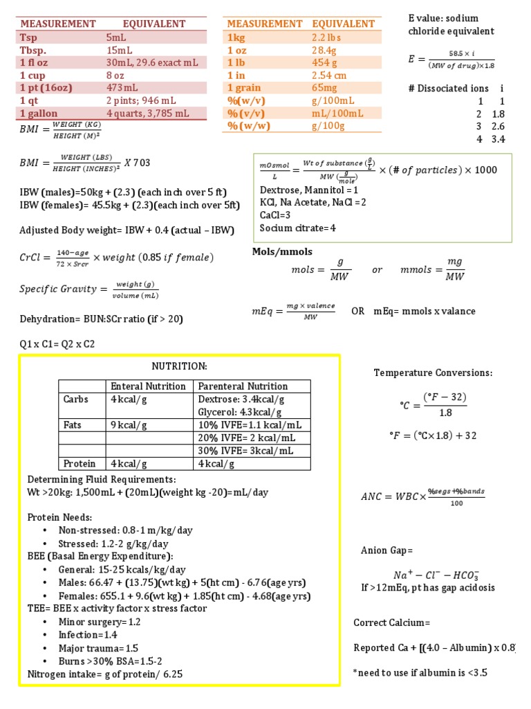 Naplex Memorization Sheet | PDF | Pint | Calorie