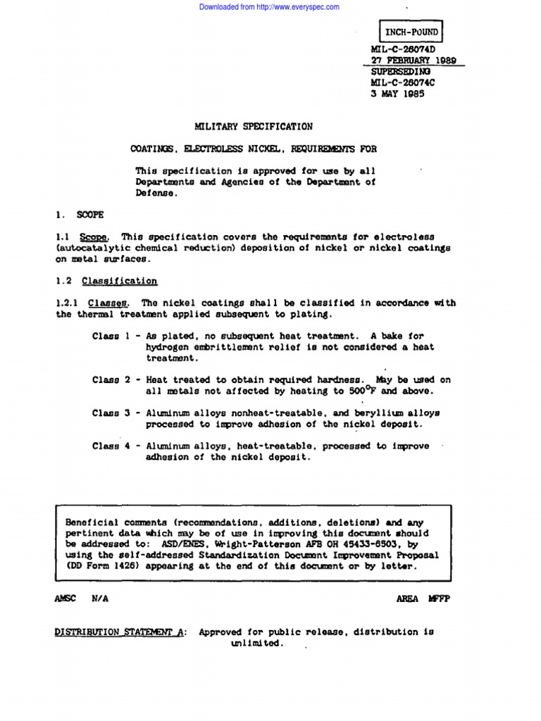 MILITARY SPECIFICATION FOR ELECTROLESS NICKEL PLATING OF METAL SURFACES ...
