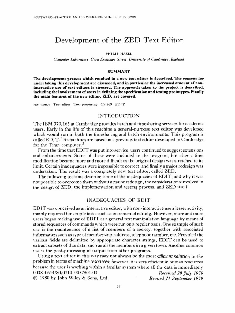 Development of The ZED Text Editor - PHILIP HAZEL - University of ...