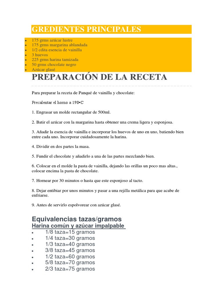 Conversion de Medidas y Panqué | PDF | Preparación de comida y bebida ...