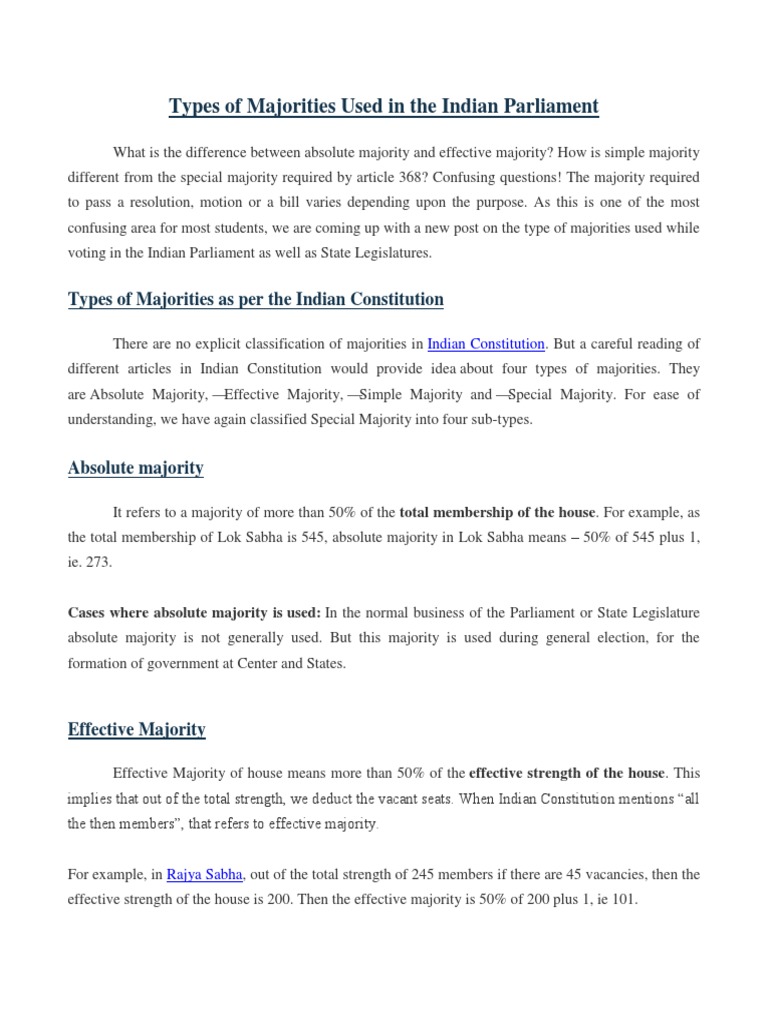 Types of Majorities Used in The Indian Parliament | PDF | Bill (Law ...