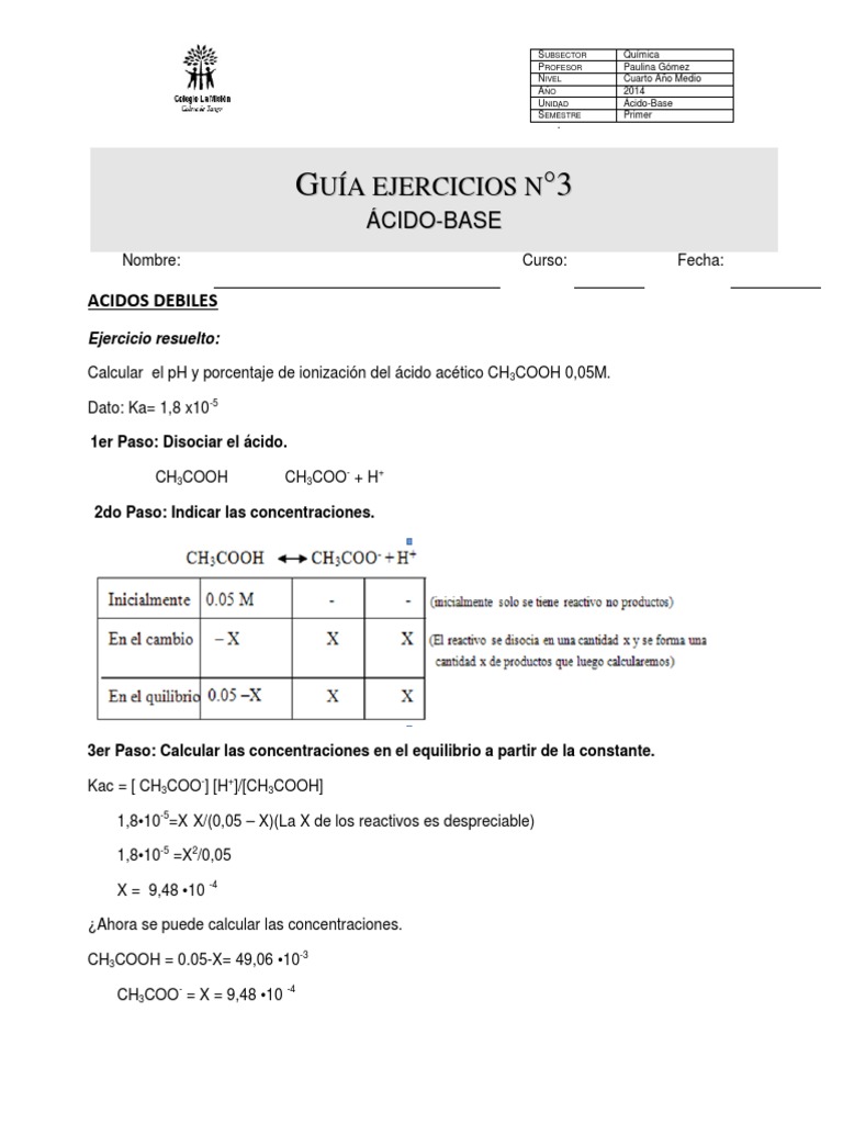 Ejercicios ACIDOS DEBILES DEMRE PDF | PDF | Ácido | Constante de ...