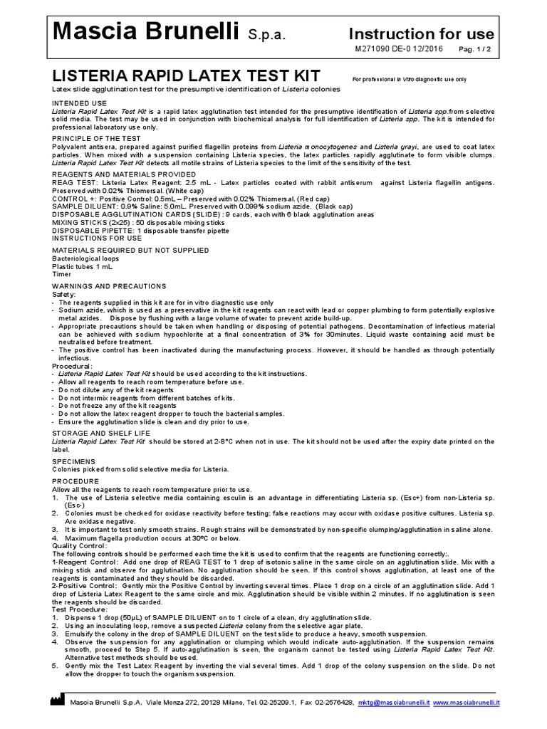 Mascia Brunelli: Instruction For Use Listeria Rapid Latex Test Kit ...