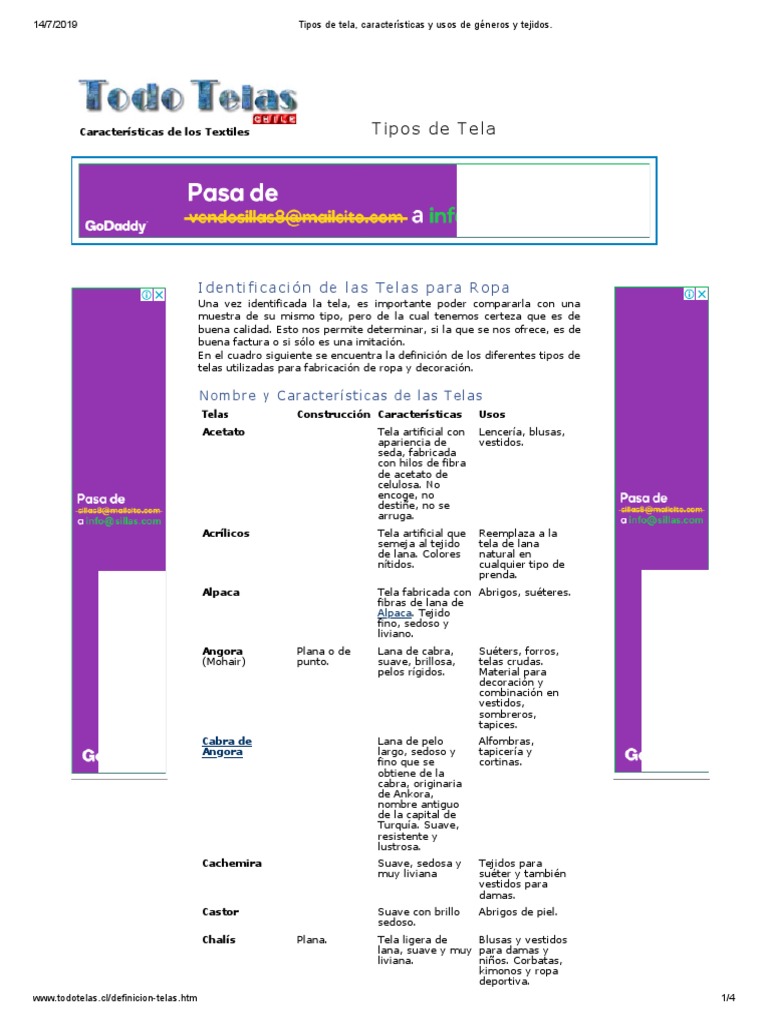 Tipos de Tela, Características y Usos de Géneros y Tejidos | PDF | Seda ...