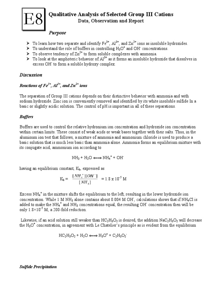 Qualitative Analysis of Selected Group III Cations: Purpose | PDF ...
