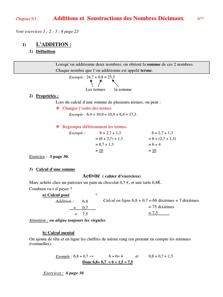 Décimaux : Additions et Soustractions | PDF | Notation (mathématiques ...