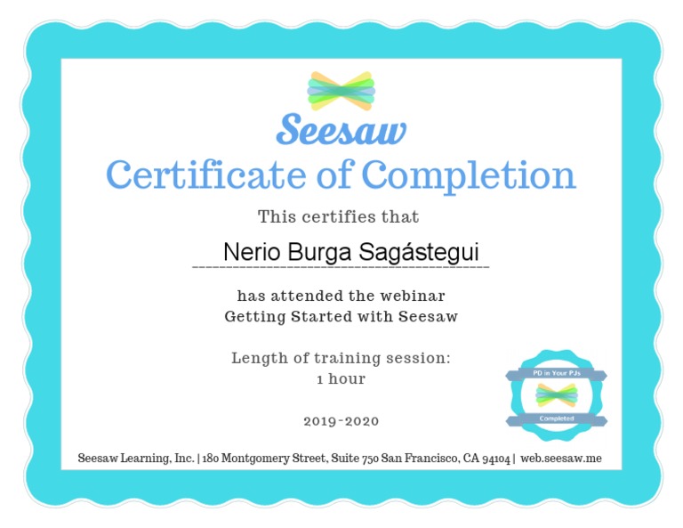 Seesaw Webinar Completion Certificate | PDF | Career & Growth