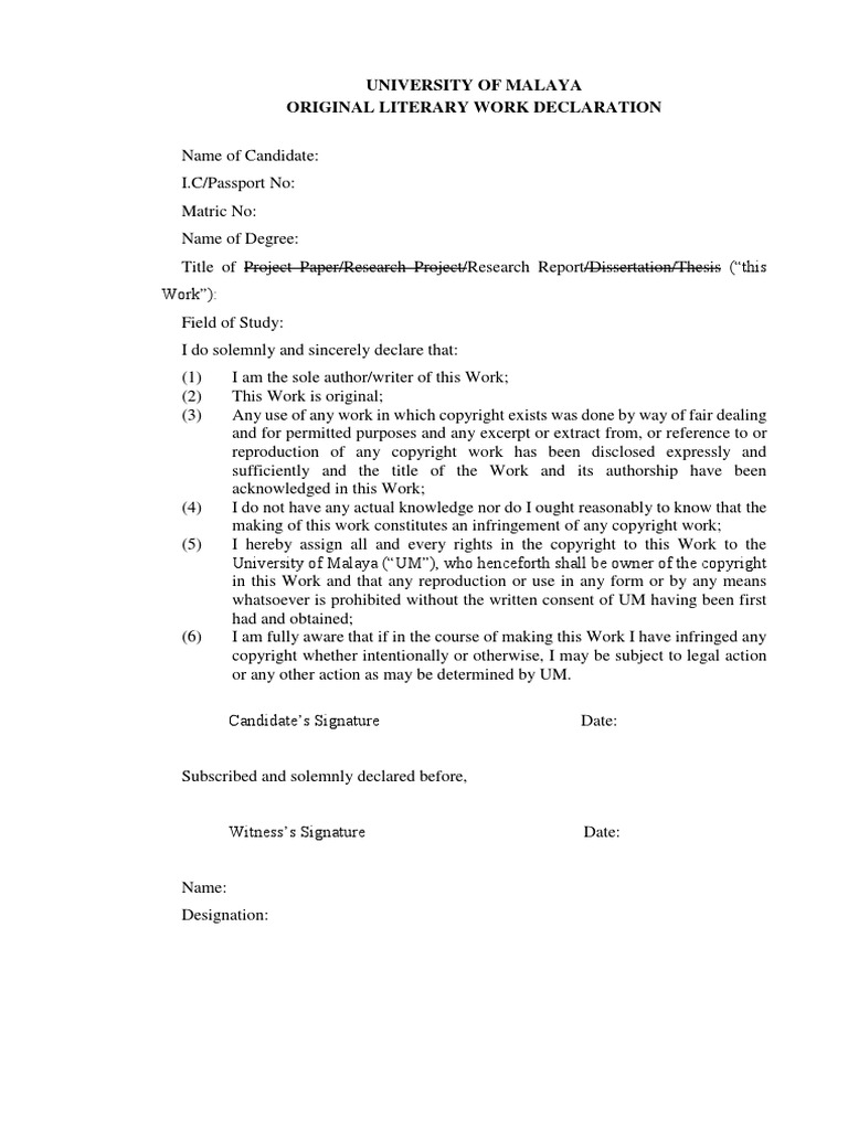 4 Original Literary Work Declaration Form | PDF