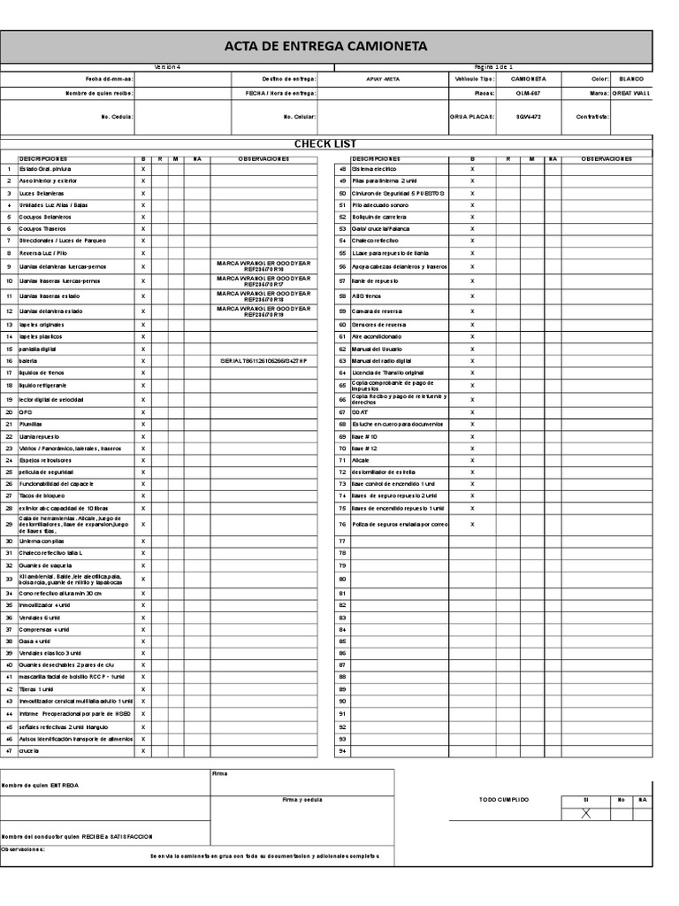 Formato de Check List Entrega de Carros | PDF | Vehículos de ruedas ...