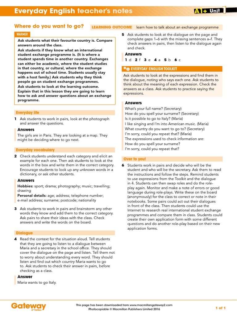 Gateway A1+ Teacher's Resources UNIT 1 Everyday English Teacher's Notes ...
