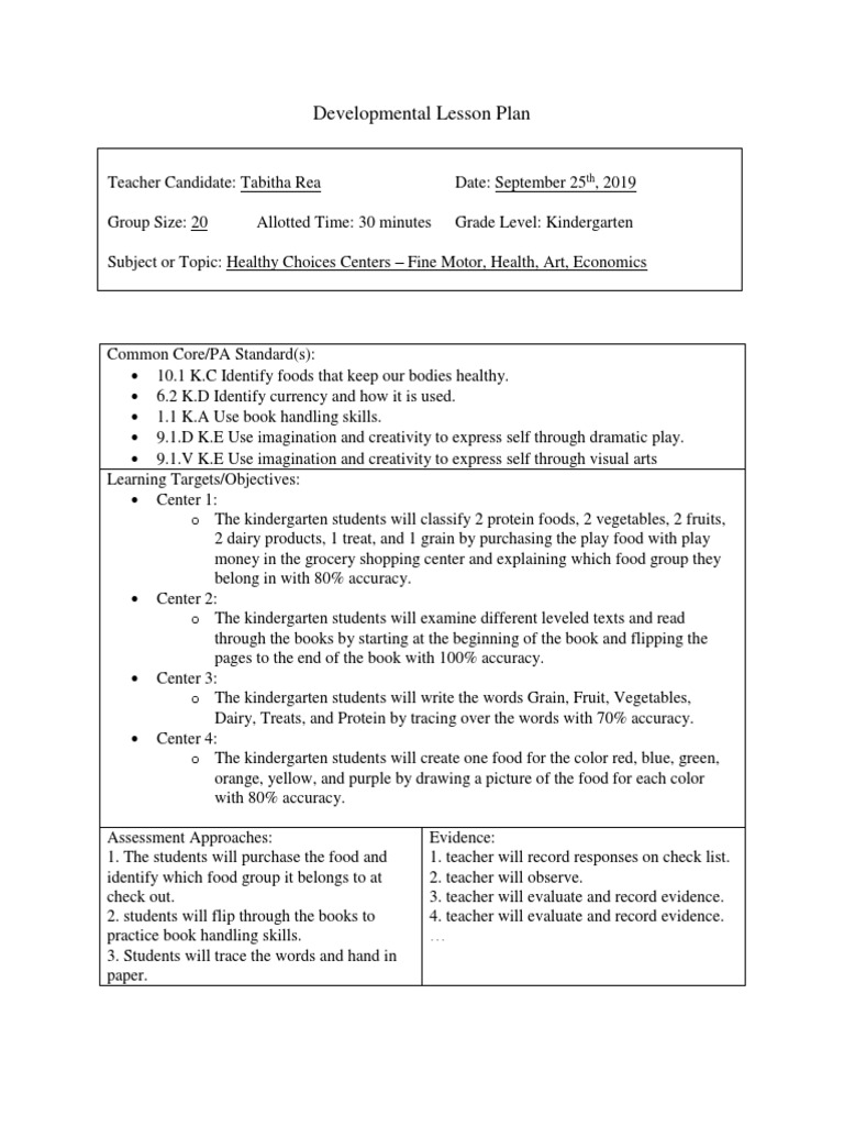 Kindergarten Healthy Choices Lesson Plan | PDF | Grocery Store | Foods