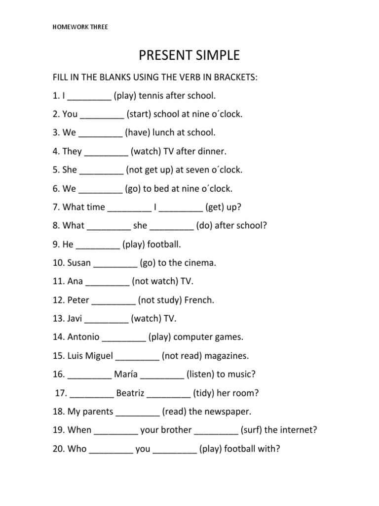 Present Simple Fill in the Blanks Homework | PDF