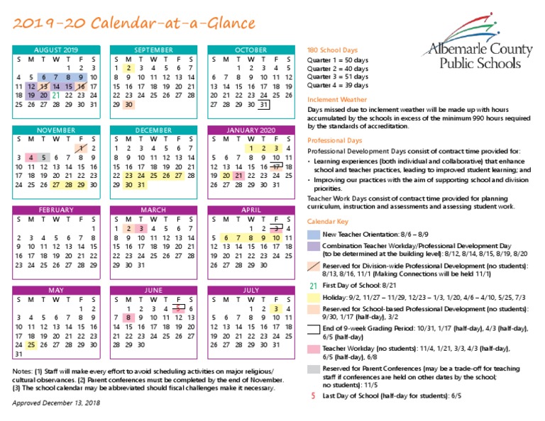 2019 20 Calendar at A Glance Approved 121318 Eng | PDF | Education ...