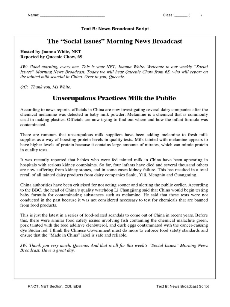 News Broadcast Script | PDF | Infant Formula | Food Safety
